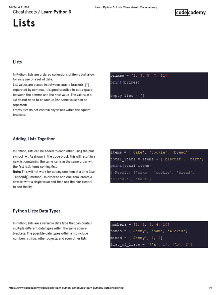 Learn Python 3 Lists Cheatsheet Codecademy Pdf Python Programming Language Computer 5692