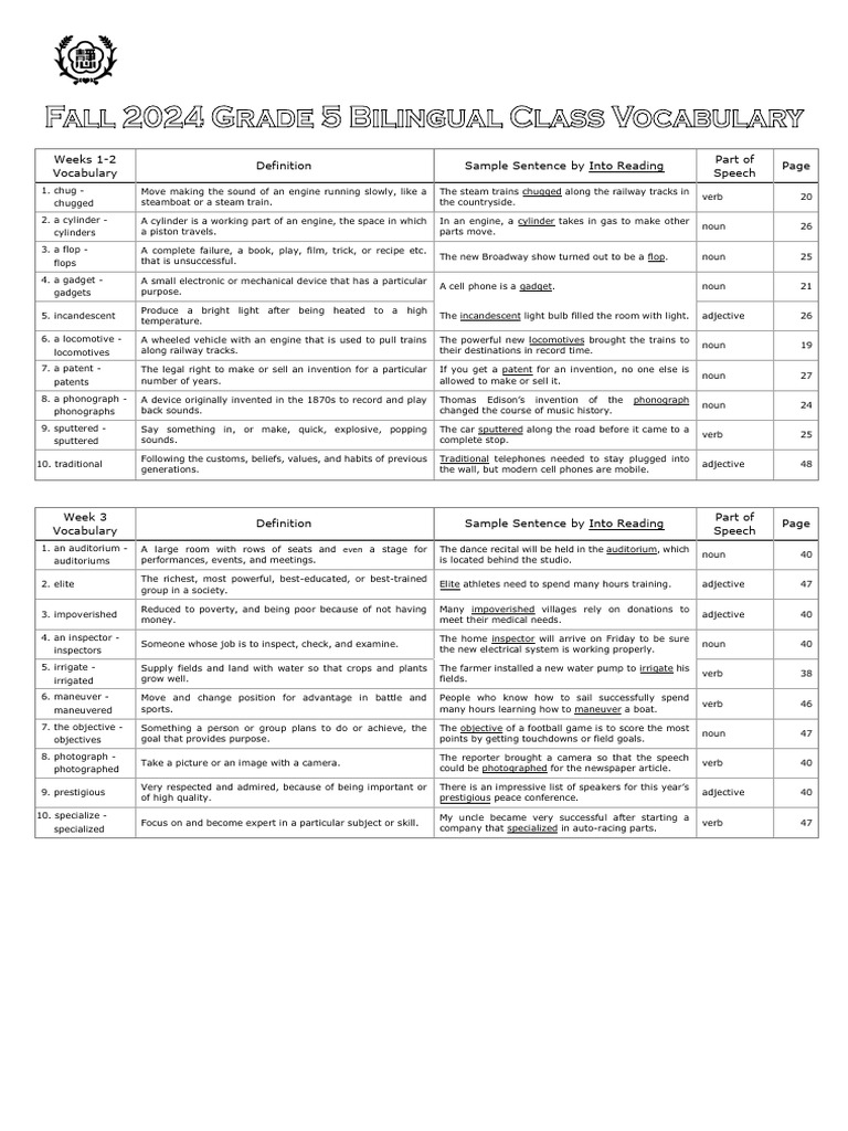 Grade 5 Semester 1 Vocabulary Definitions | PDF | Verb | Adjective
