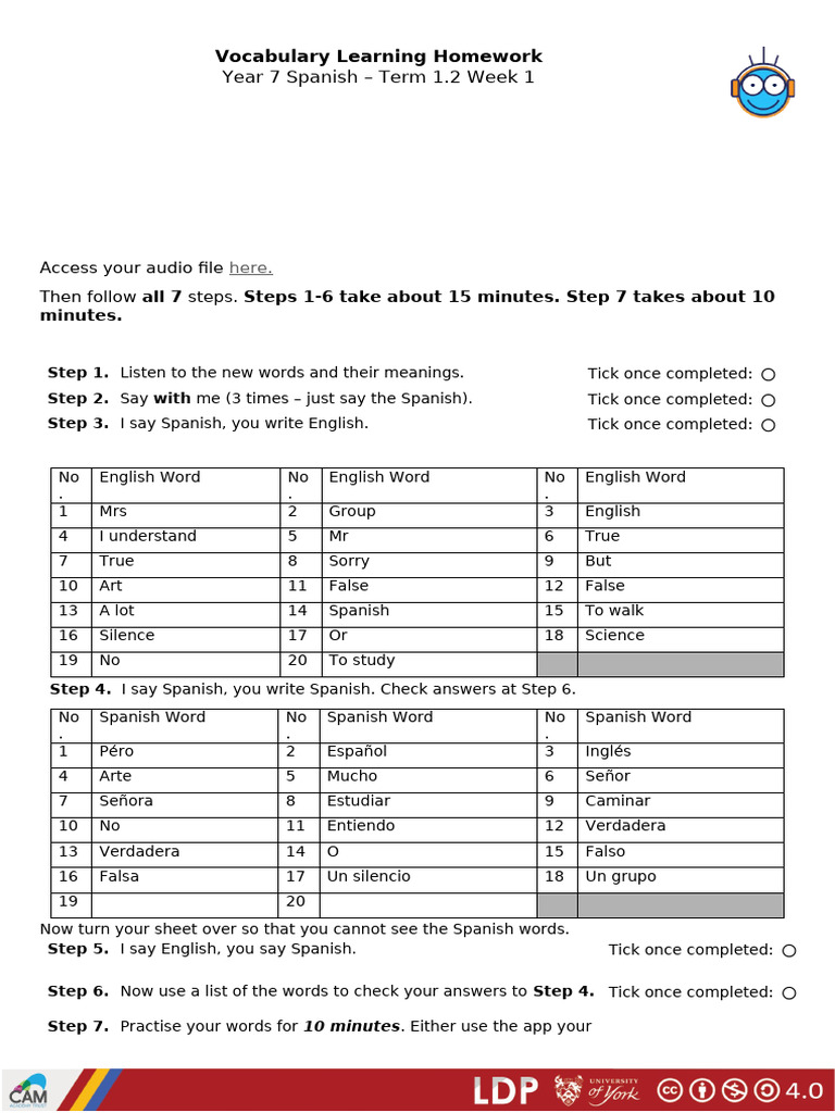 Spanish Y7 Term1ii Wk1 Audio HW Sheet | PDF | Foreign Language Studies | Art