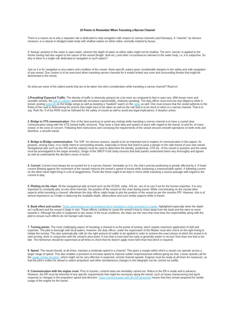 Navigating Narrow Channels: Key Points | PDF | Communication | Shipping