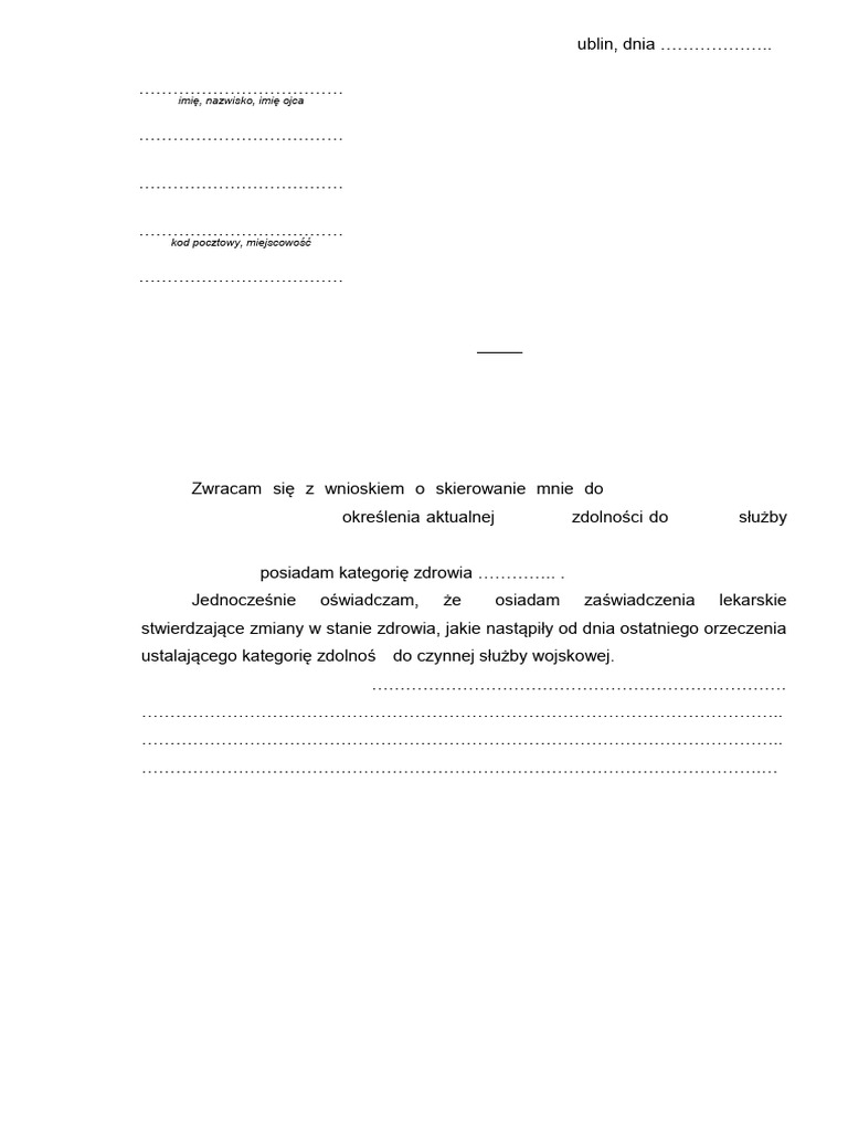 WNIOSEK Zmiana Kat Zdolności Do Czynnej Służby Wojskowej | PDF
