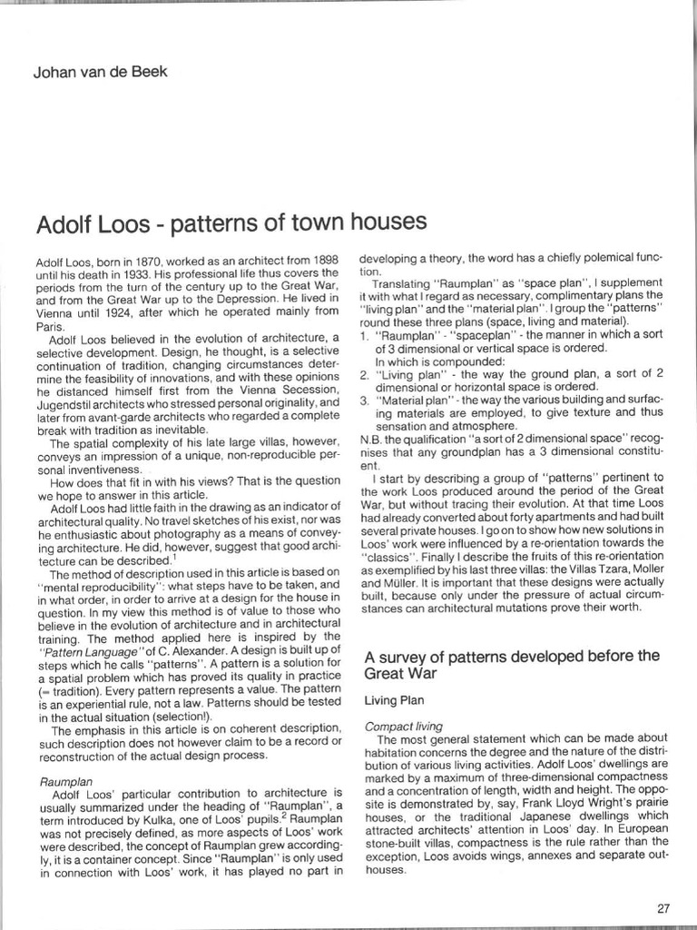 Adolf Loos: Townhouse Patterns & Raumplan | PDF | Wall | Architectural ...