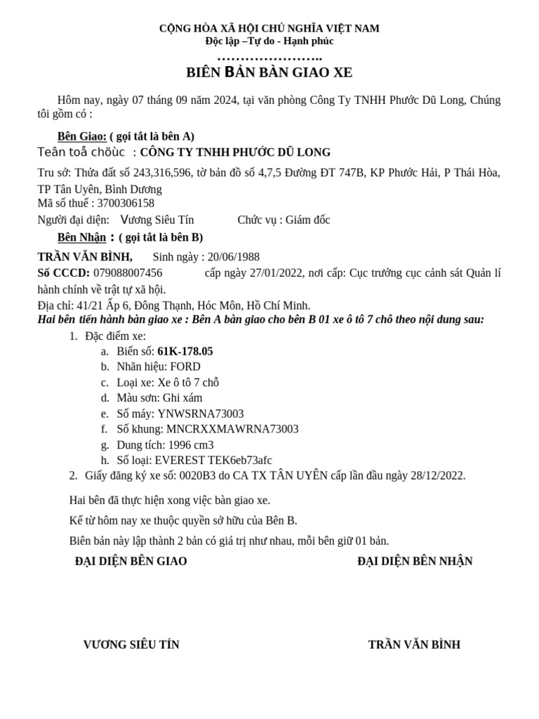 Bien Ban Ban Giao Xe Tran Van Binh | PDF