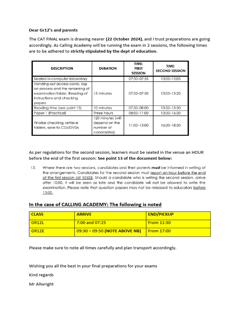 GR12 FINAL Exam Times | PDF