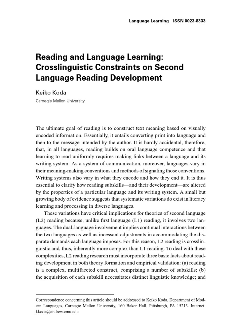 Reading and Language Learning: Crosslinguistic Constraints On Second ...