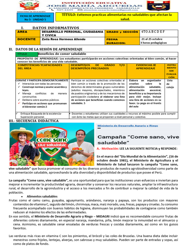 DPCC Ficha de Aprendizaje-UNIDAD 5 Sesión 5 | PDF | Alimentos | Vegetales