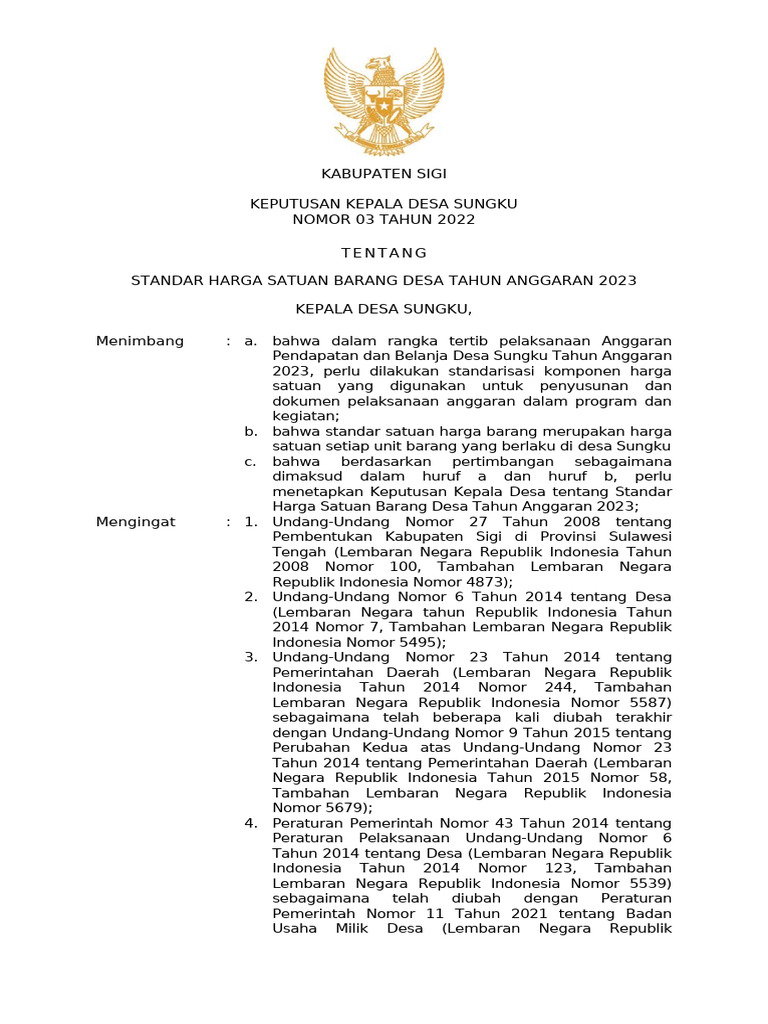 SK Kades Tentang Standar Harga Satuan Barang Desa Tahun Anggaran 2023 | PDF