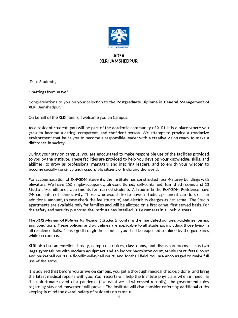 Welcome Note From ADSA GMP | PDF