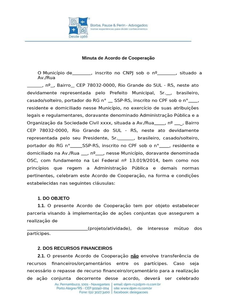 Acordo de Cooperação entre Município e OSC | PDF | Administração ...