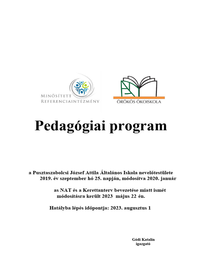 PEDAGOGIAI PROGRAM Pusztaszabolcsi Jozsef Attila Alatlanos Iskola 2023 | PDF