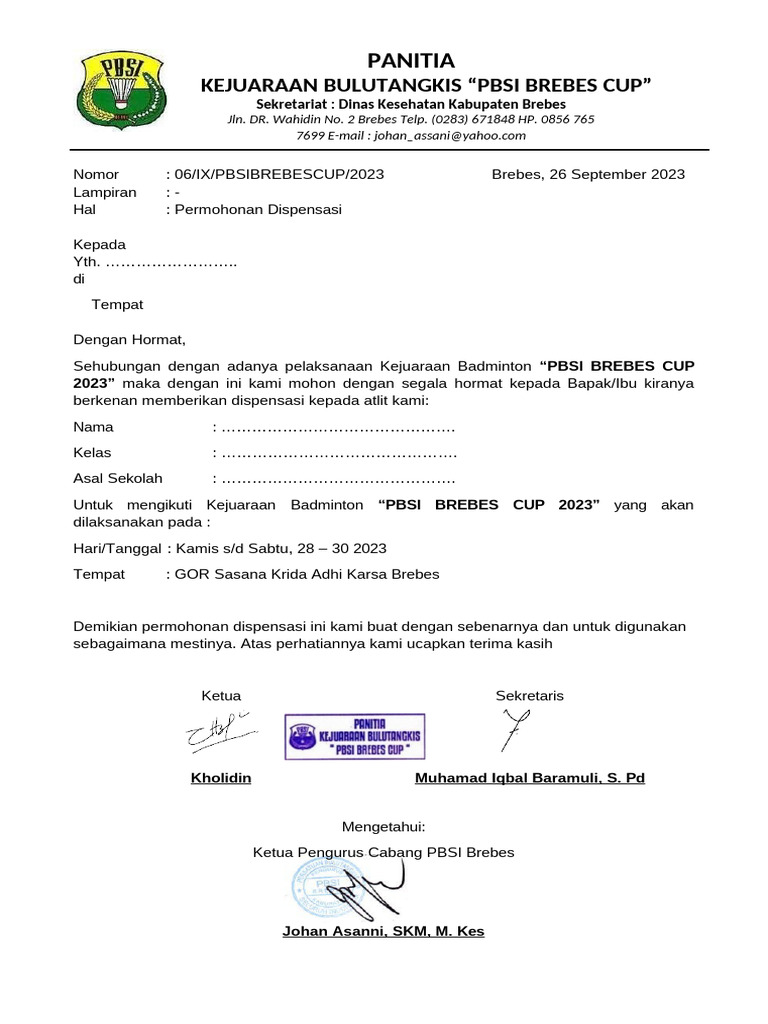 Surat Dispensasi Kegiatan PBSI Brebes Cup 2023 | PDF