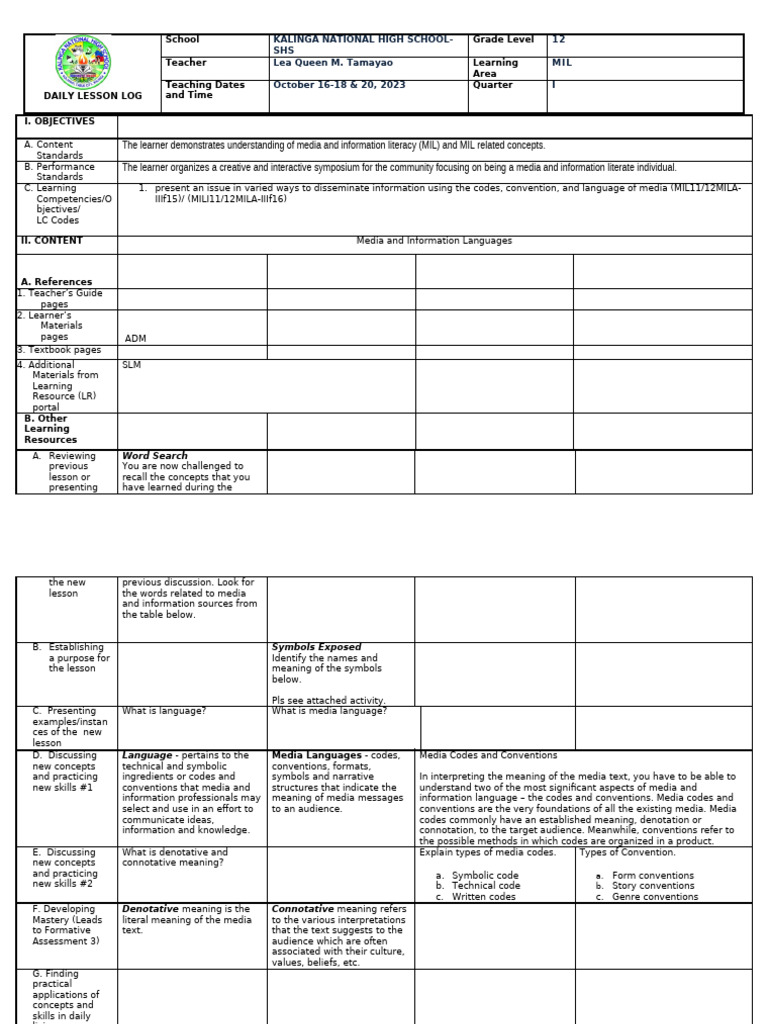 Kalinga National High School-SHS 12 Lea Queen M. Tamayao MIL October 16 ...