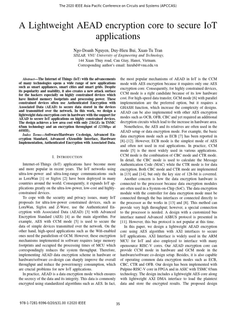 A Lightweight AEAD Encryption Core To Secure IoT Applications | PDF | Computer Engineering ...