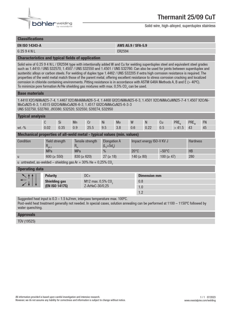 Bohler Thermanit 25 09 CUT Stainless Steel MIG Wire ER2594 Datasheet ...