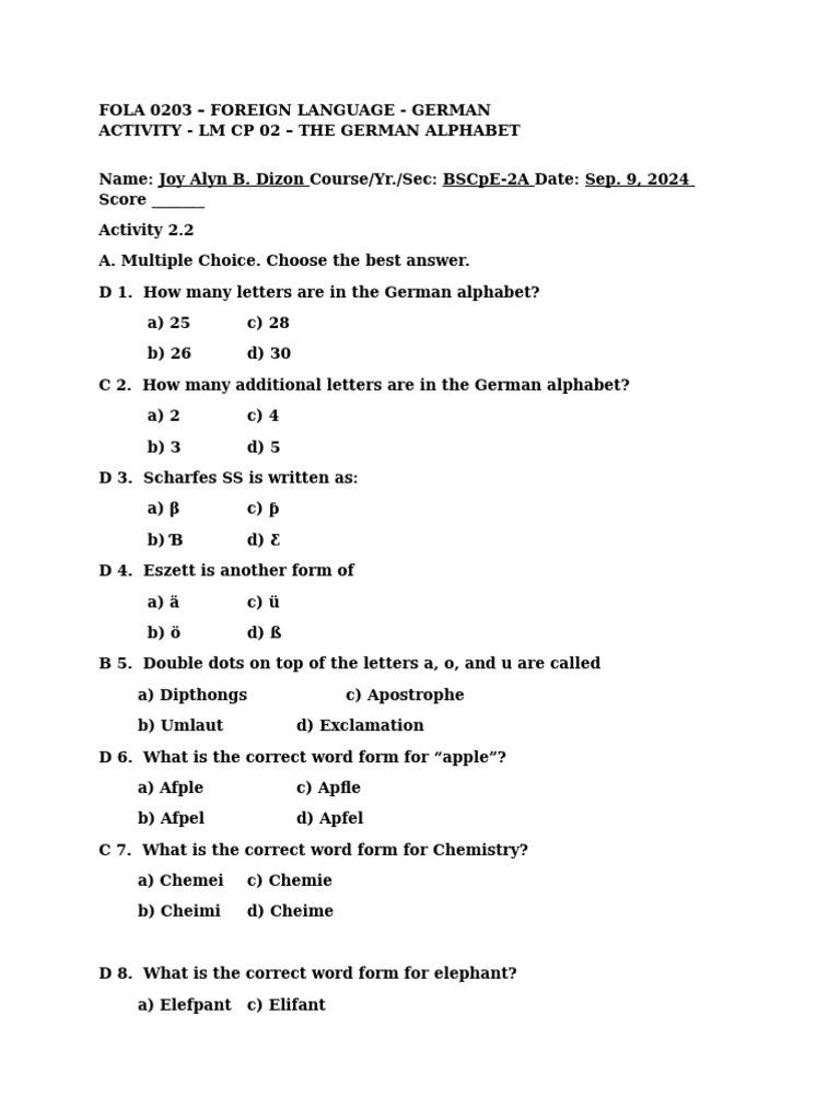 Joy Alyn B. Dizon - ACTIVITY - FOLA 0203 - GERMAN - LM CP 02 - THE GERMAN ALPHABET | PDF