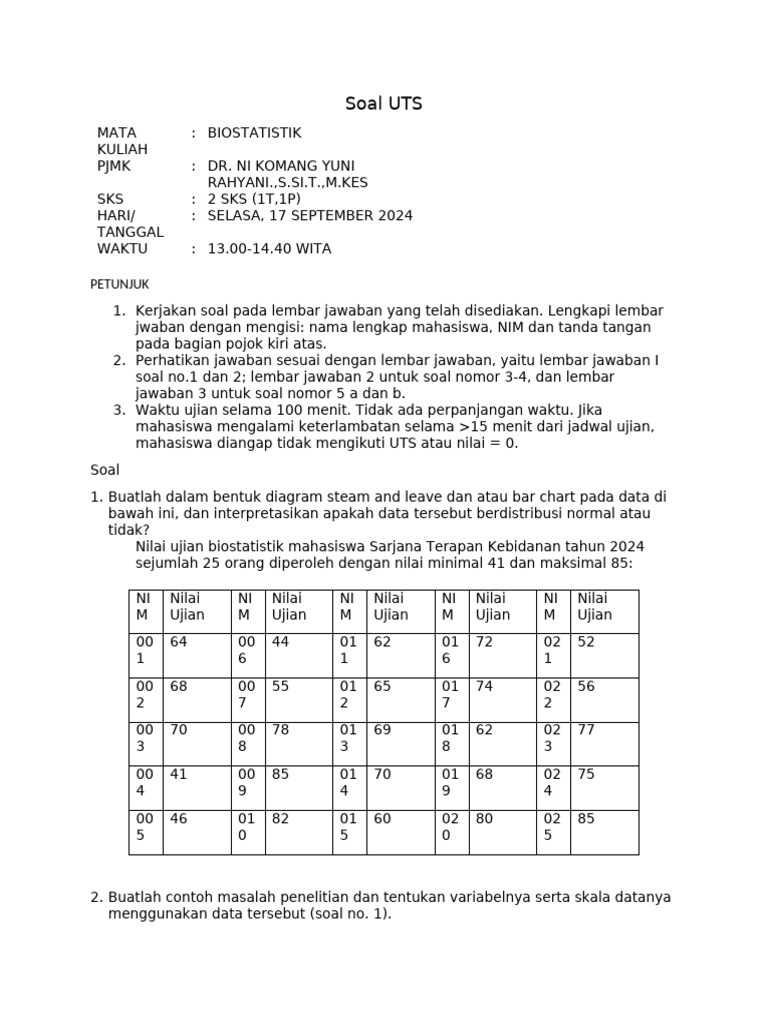 Soal UTS MK Biostatistik RPL 2024 17 September 2024 | PDF | Sains & Matematika