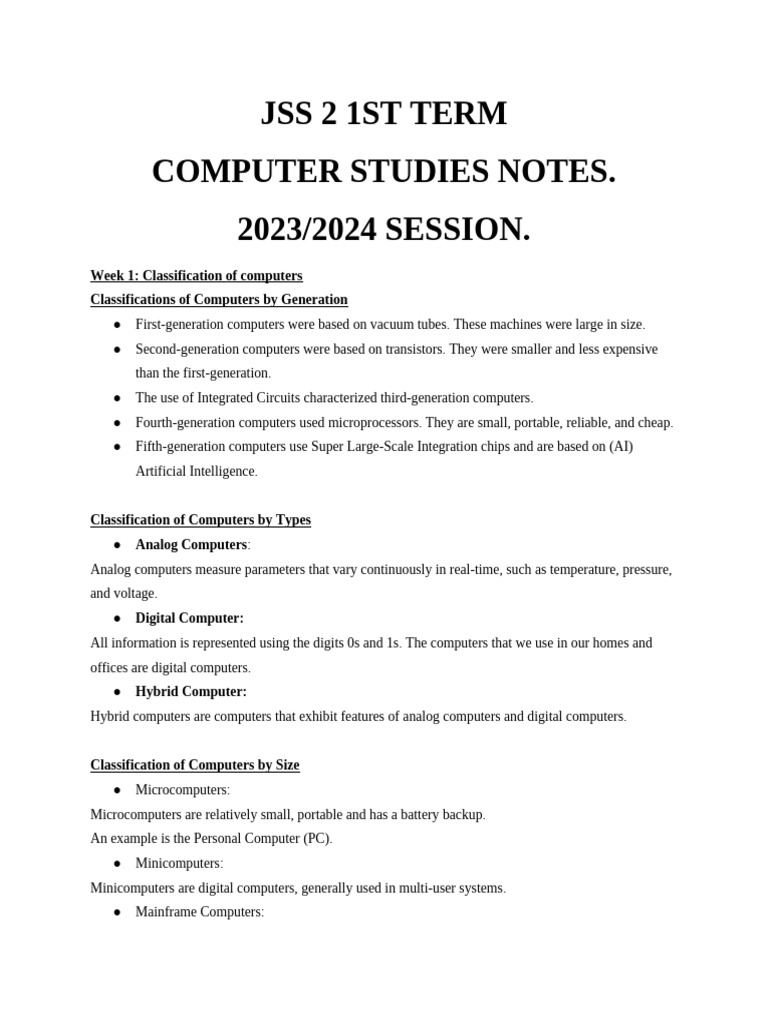 JSS2 First Term Computer Studies Notes | PDF | Byte | Computer Architecture