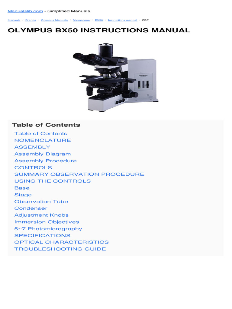 BX50 Microscope Manual | PDF | Aperture | Optics