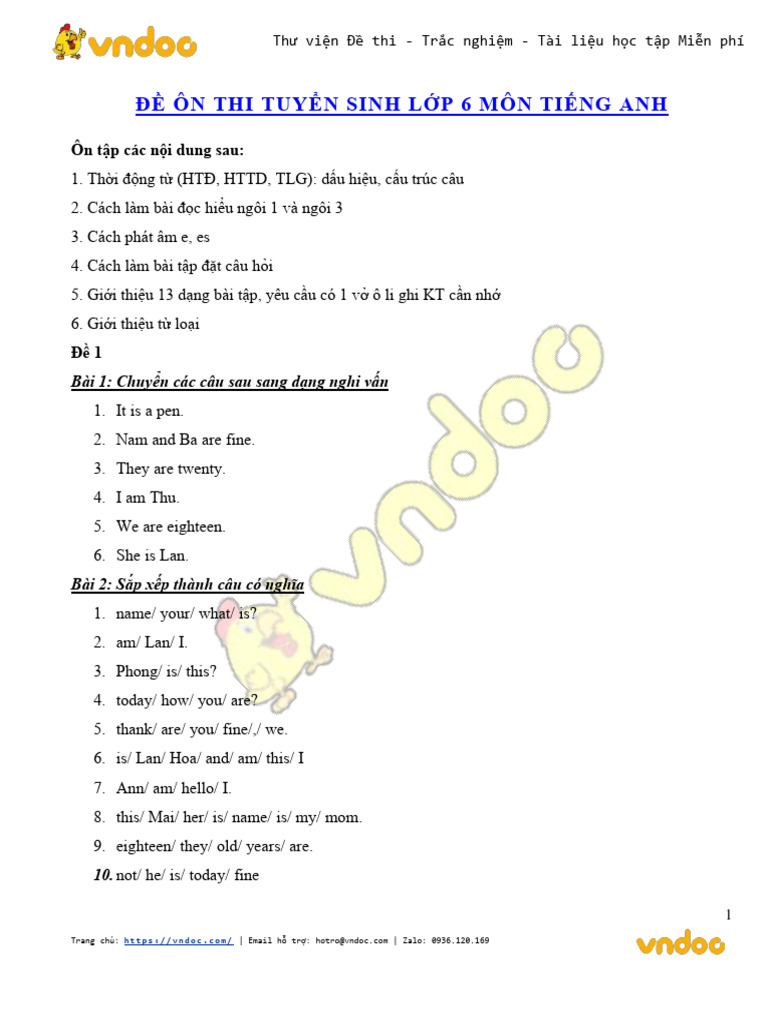 Bo de On Thi Mon Tieng Anh Lop 5 Len Lop 6 | PDF