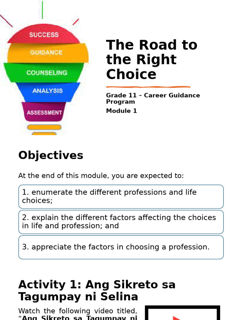 Gr11-CGP - Module 1 - Road To The Right Choice | PDF | Personality Type | Curriculum