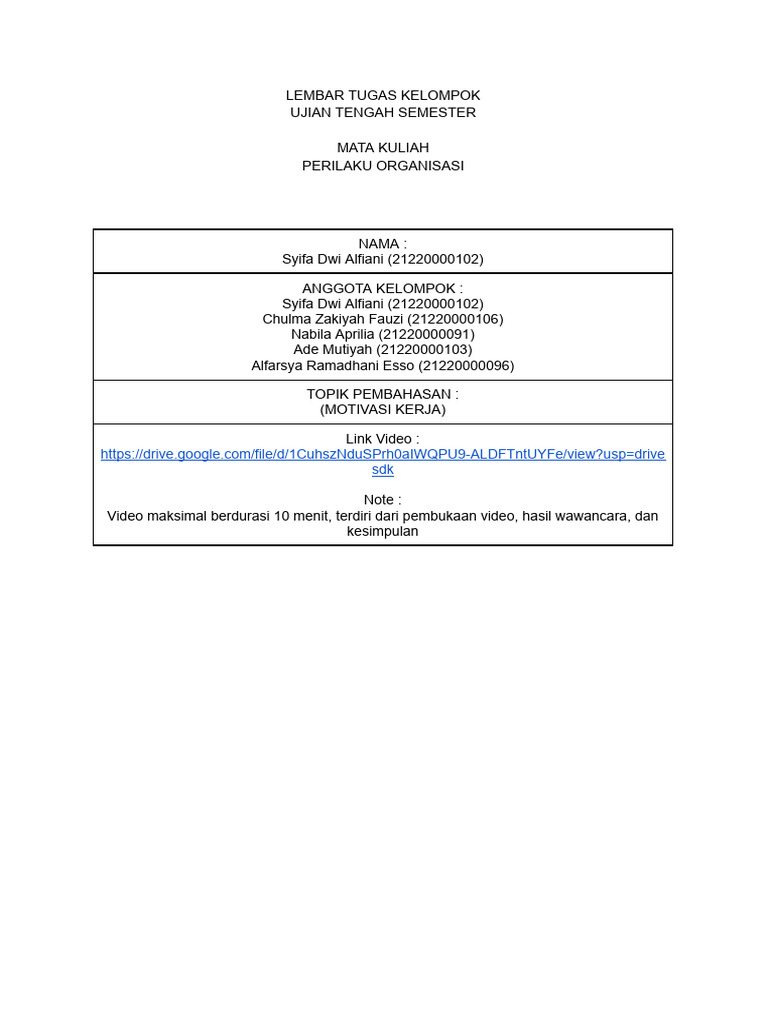 Lembar Kerja Uts Perilaku Organisasi | PDF