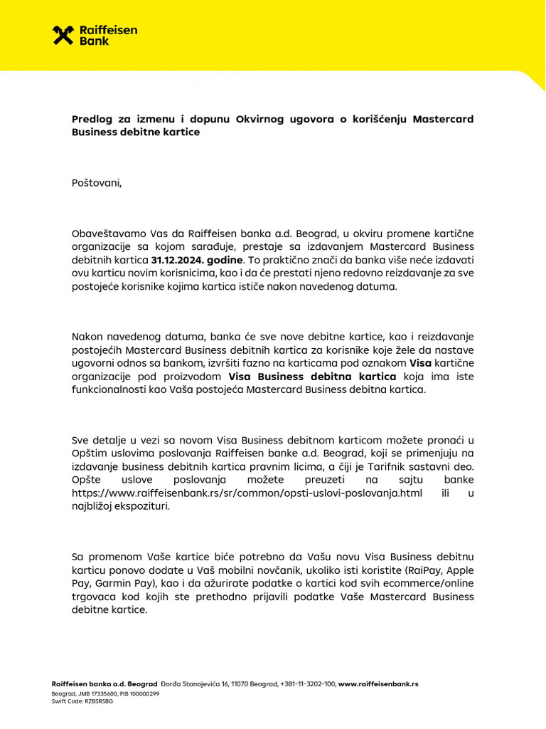 Predlog Za Izmenu Okvirnog Ugovora MDB-Pravna Lica | PDF