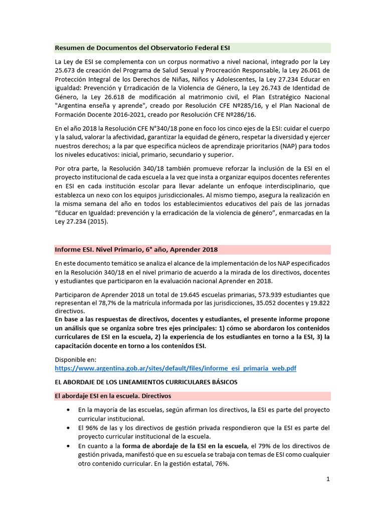Resumen de Documentos Del Observatorio Federal ESI | PDF | Enseñando | Escuelas