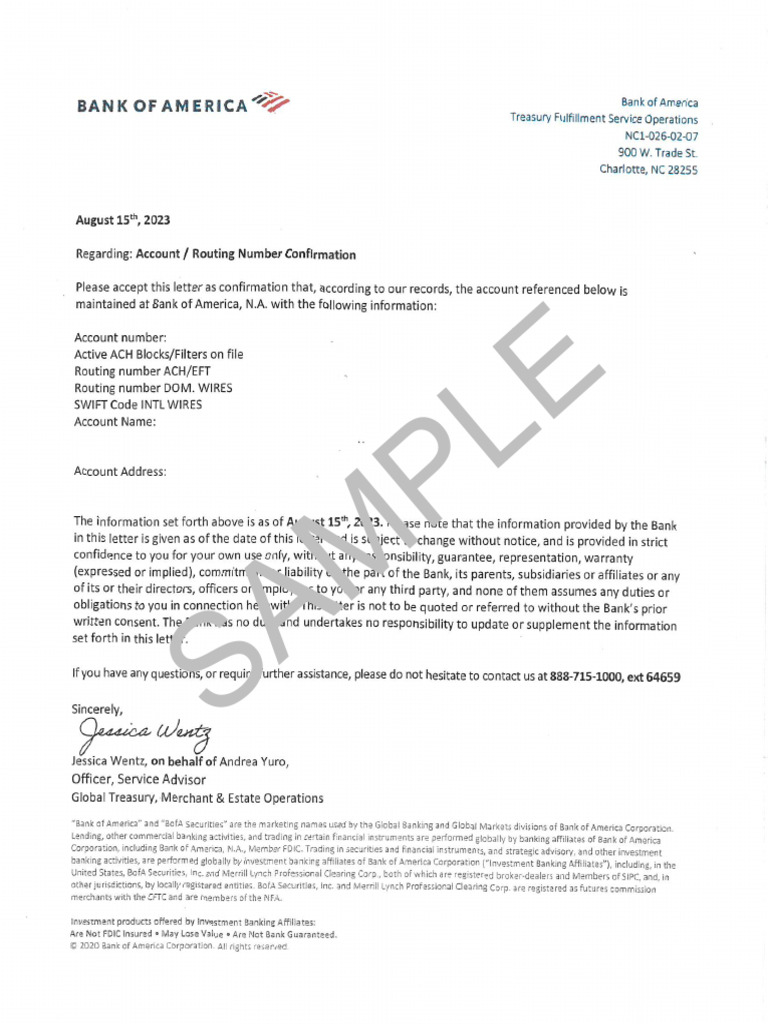 Sample Bank Letter W Watermark | PDF | Banks | Bank Of America