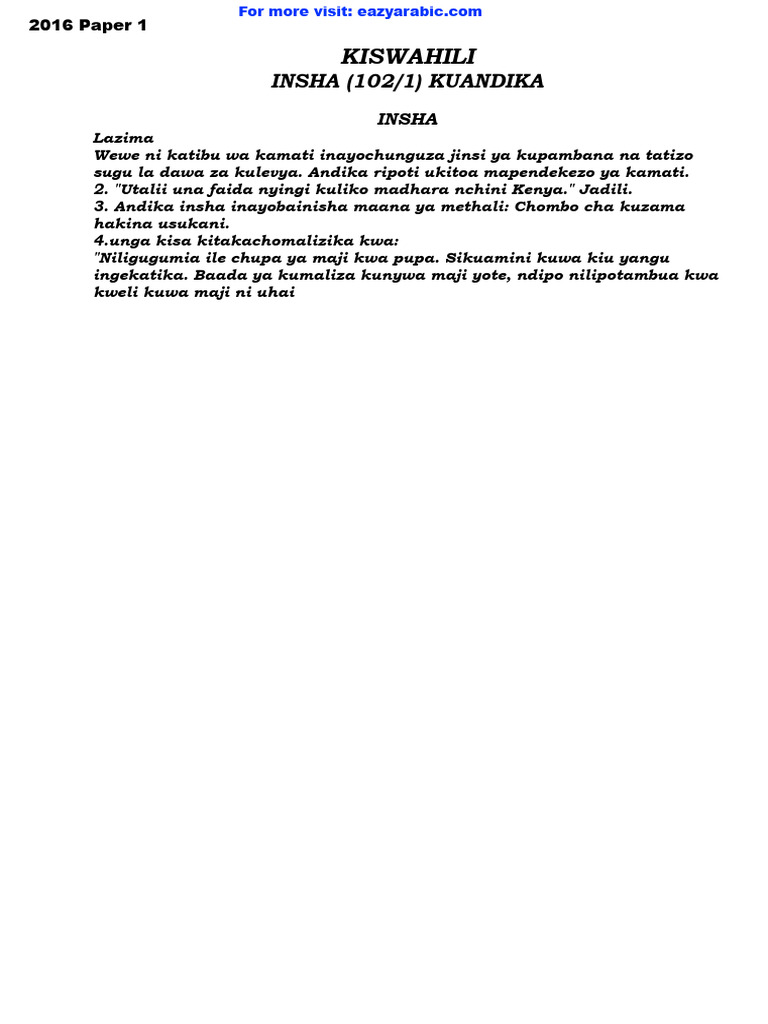 Kiswahili: Insha (102/1) Kuandika | PDF