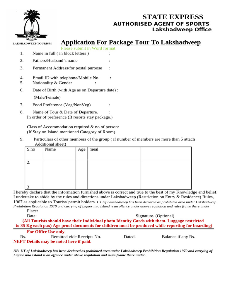 Lakshadweep Tour Application Form | PDF