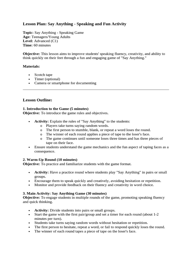 Lesson Plan Say Anything - Speaking and Fun Activity and Script | PDF ...
