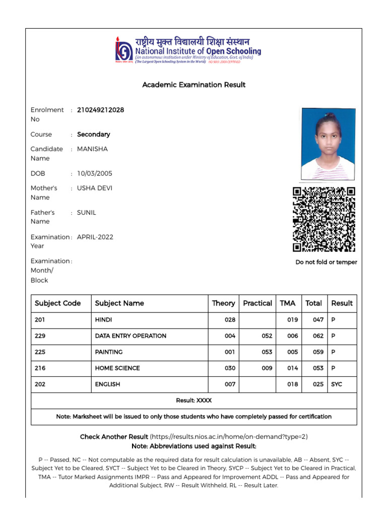 Manisha's 10th Grade Result Summary | PDF