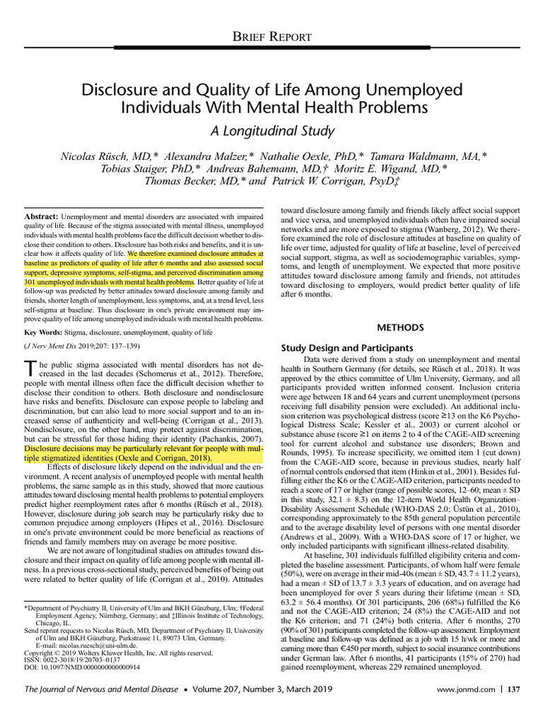 Impact of Disclosure on Quality of Life | PDF | Social Stigma | Mental ...