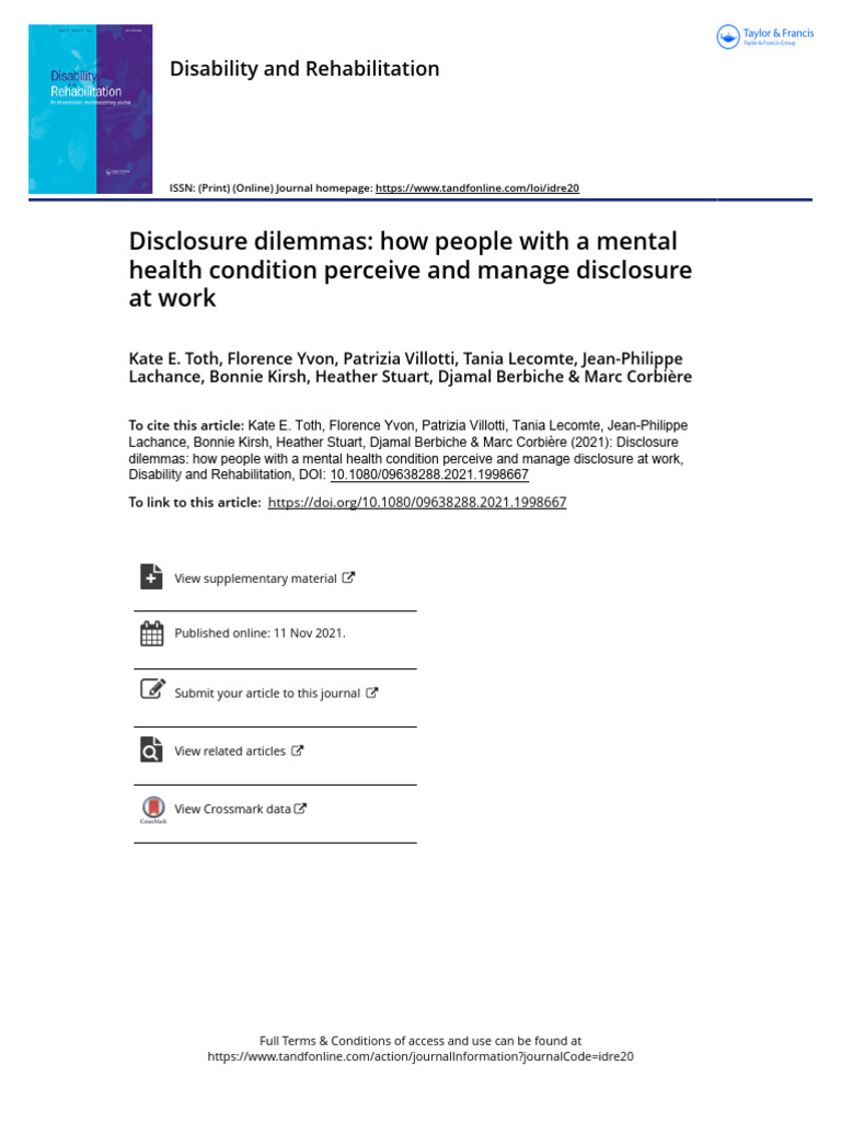 Mental Health Disclosure in the Workplace | PDF | Mental Disorder ...