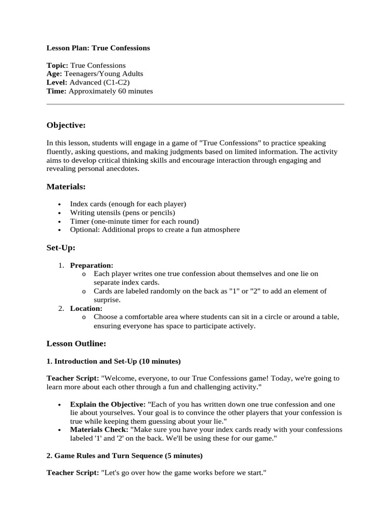 Lesson Plan True Confessions and Script | PDF | Lesson Plan ...