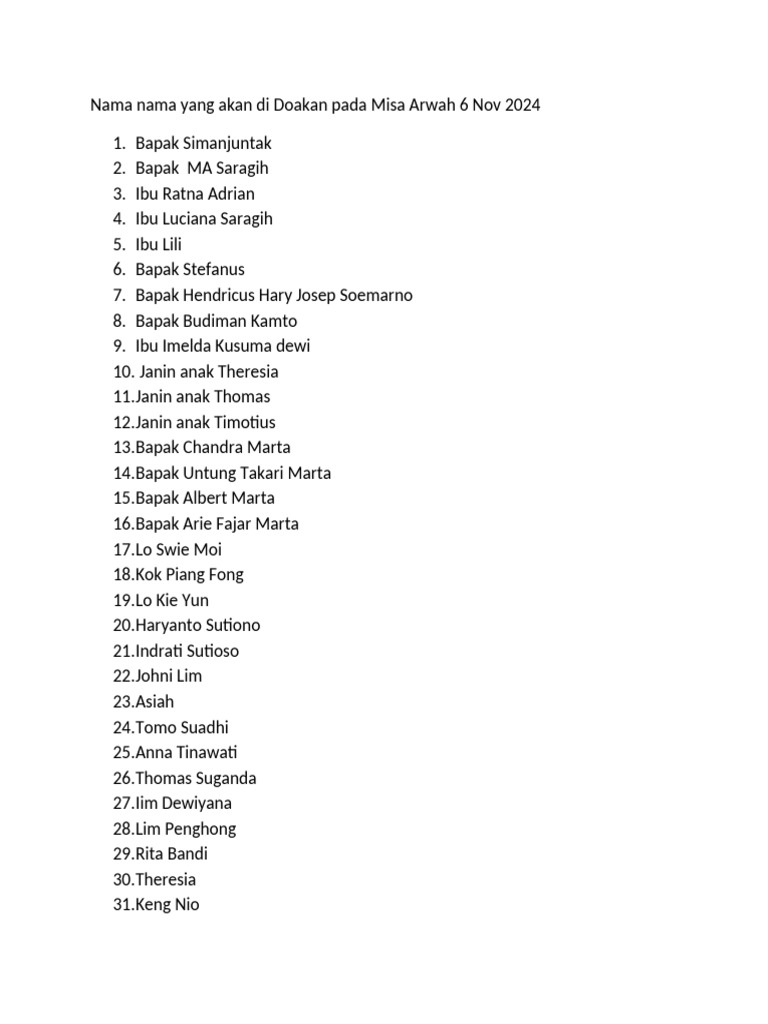 Nama Nama Yang Akan Di Doakan Pada Misa Arwah 6 Nov 2024 | PDF