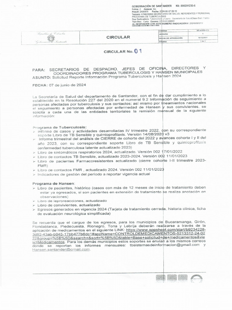 Circular 001 Tuberculosis y Hansen | PDF