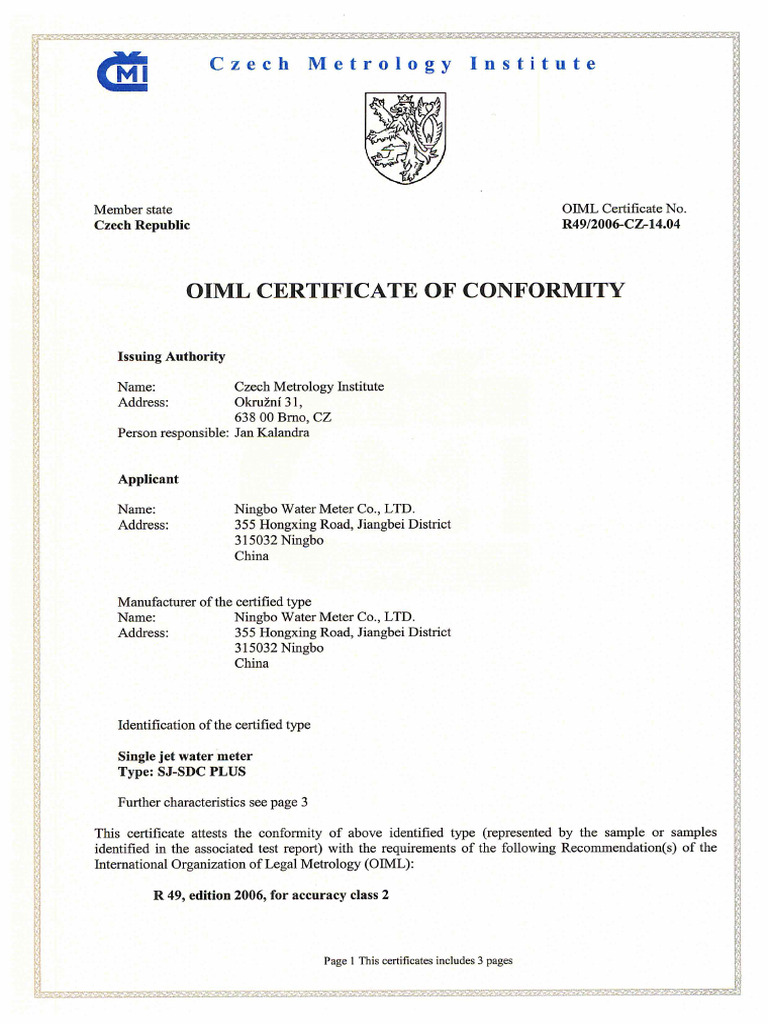 OIML Certificate of Conformity SJ-SDC-PLUS | PDF