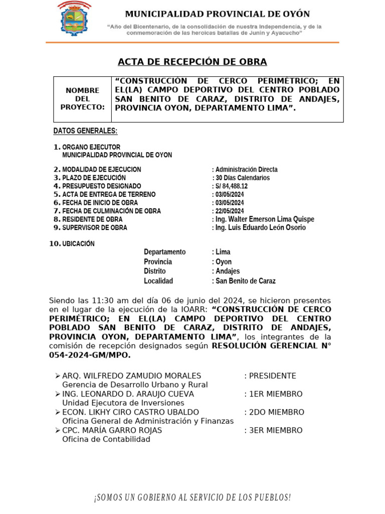 Acta de Recepcion de Obra San Benito | PDF