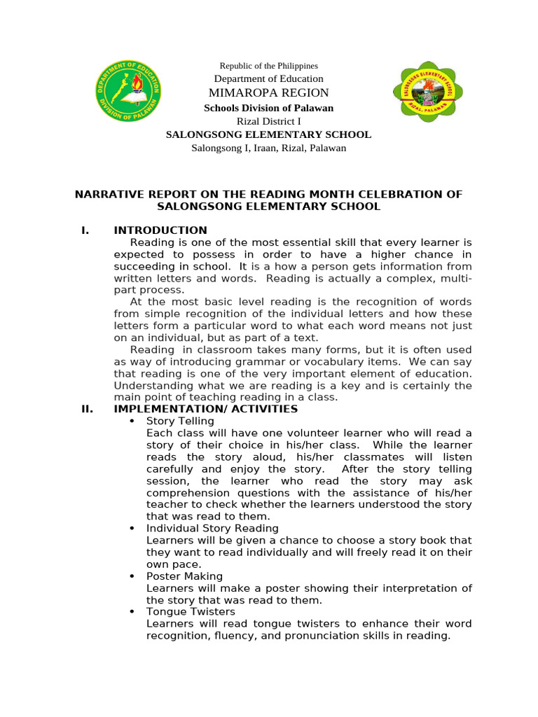 Narrative Report On Reading Month Celebration | PDF | Reading ...