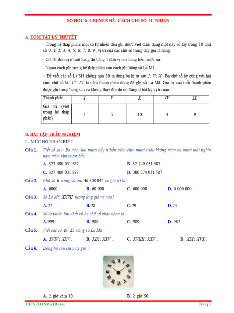 Tom Tat Ly Thuyet Va Bai Tap Trac Nghiem Chuyen de Cach Ghi So Tu Nhien | PDF