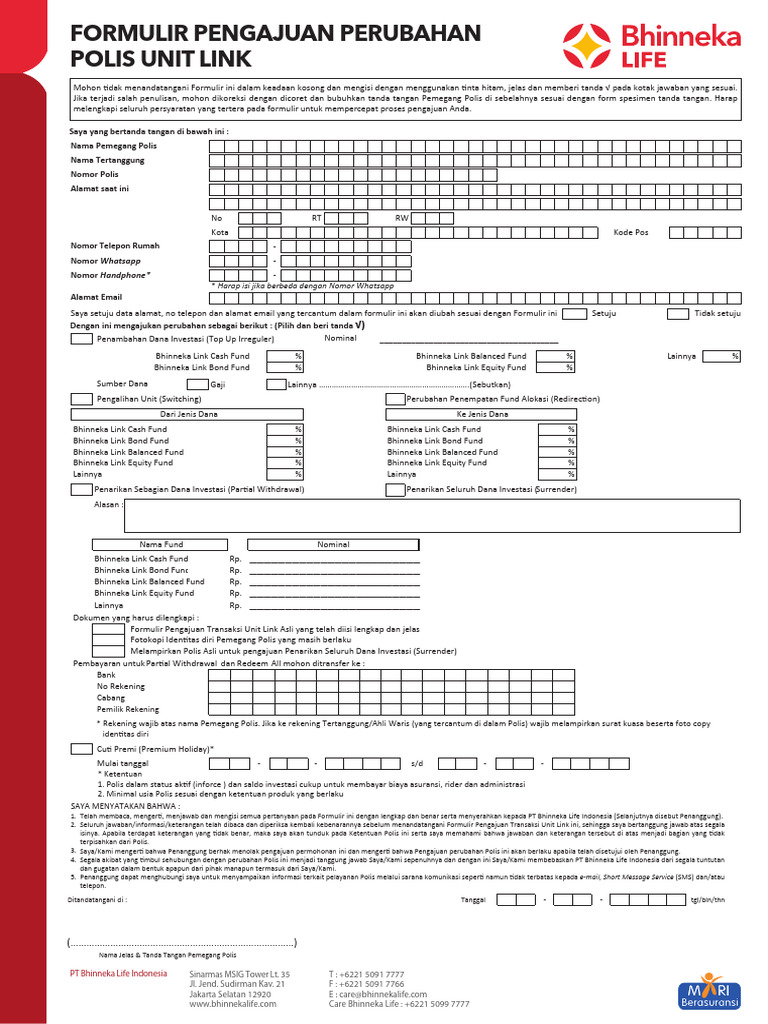 Formulir Pengajuan Perubahan Polis Unit Link | PDF