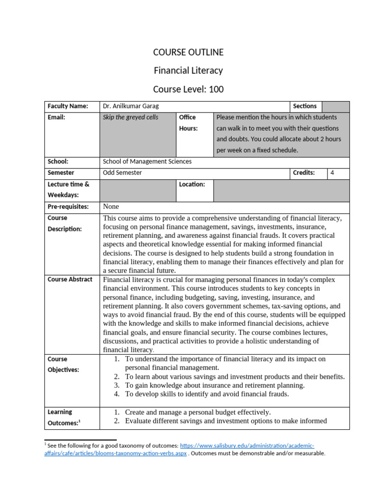 Financial Literacy Course Outline | PDF | Financial Literacy | Literacy
