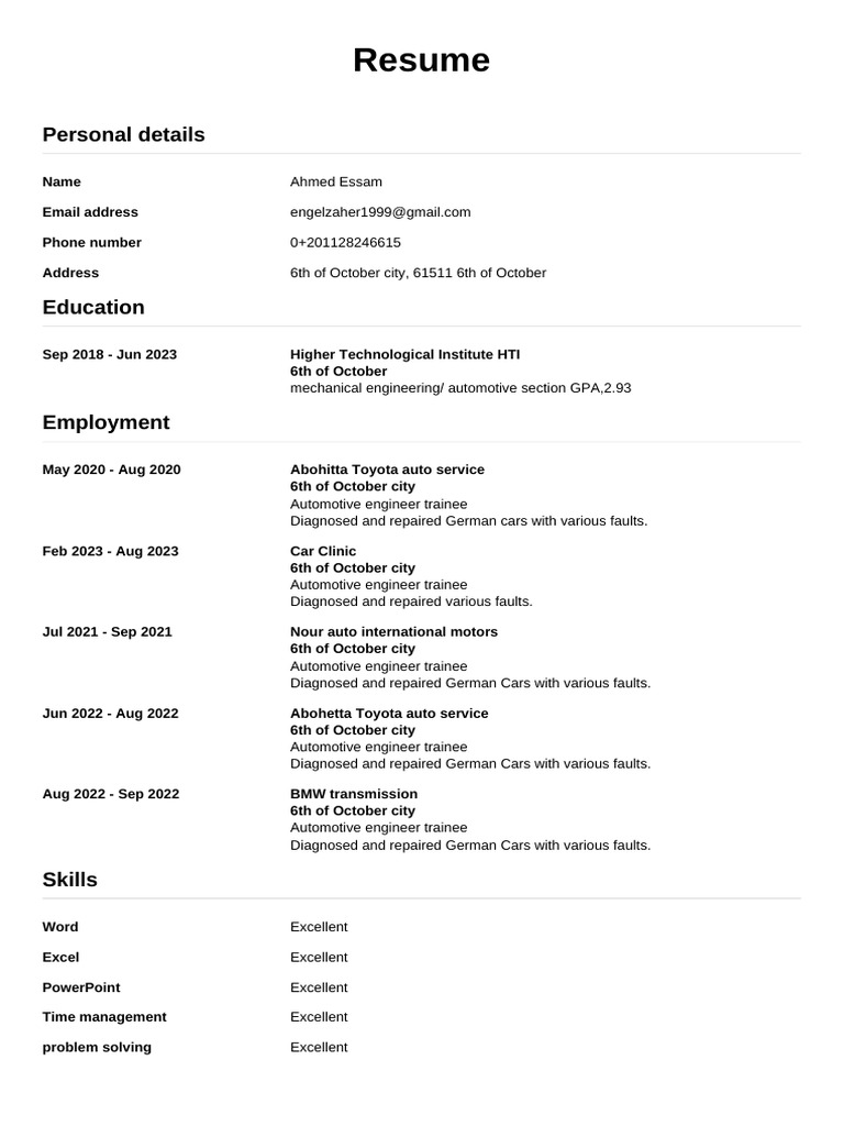 Automotive Engineer Resume of Ahmed Essam | PDF