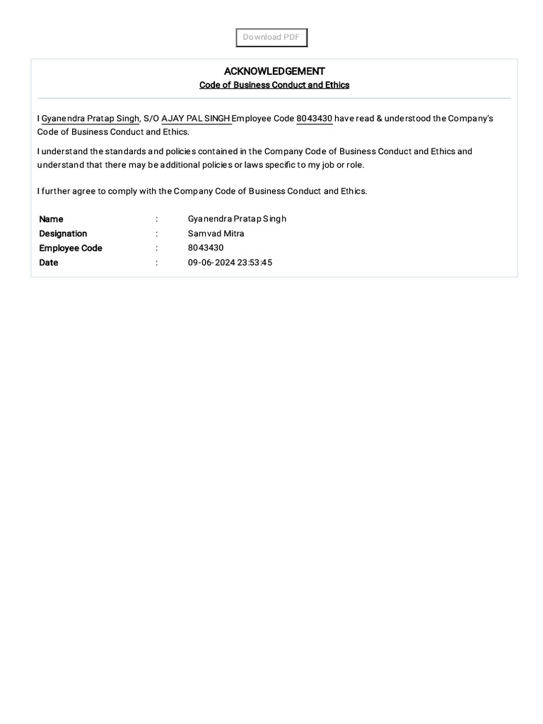 Vision India - COC Acknowledgement | PDF