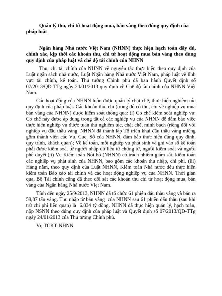 Quan Ly Thu Chi Tu Hoat Dong Mua Ban Vang Theo Dung Quy Dinh Cua Phap Luat | PDF