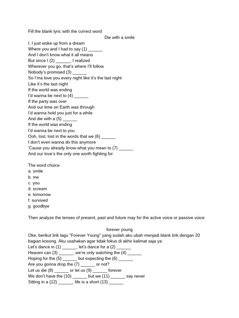 Fill in the Lyric Blanks Activity | PDF | Grammatical Conjugation ...