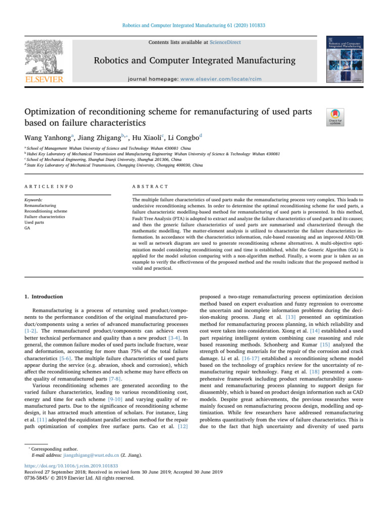 Optimization of Reconditioning Scheme For Remanufacturing of Used Parts ...