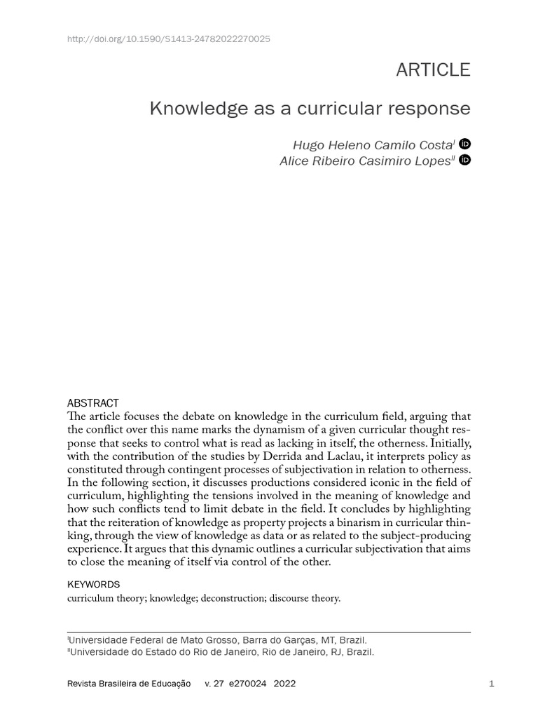ARTICLE Knowledge As A Curricular Response - Costa and Lopes - 2022 ...