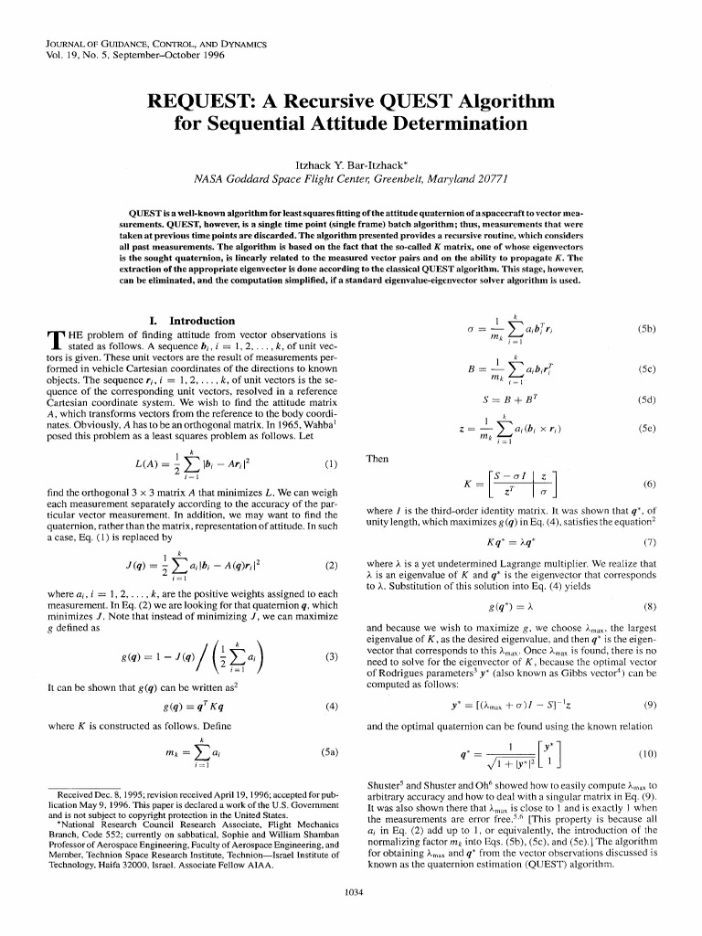 Request A Recursive Quest Algorithm For Sequential Attitude Determination Pdf Eigenvalues